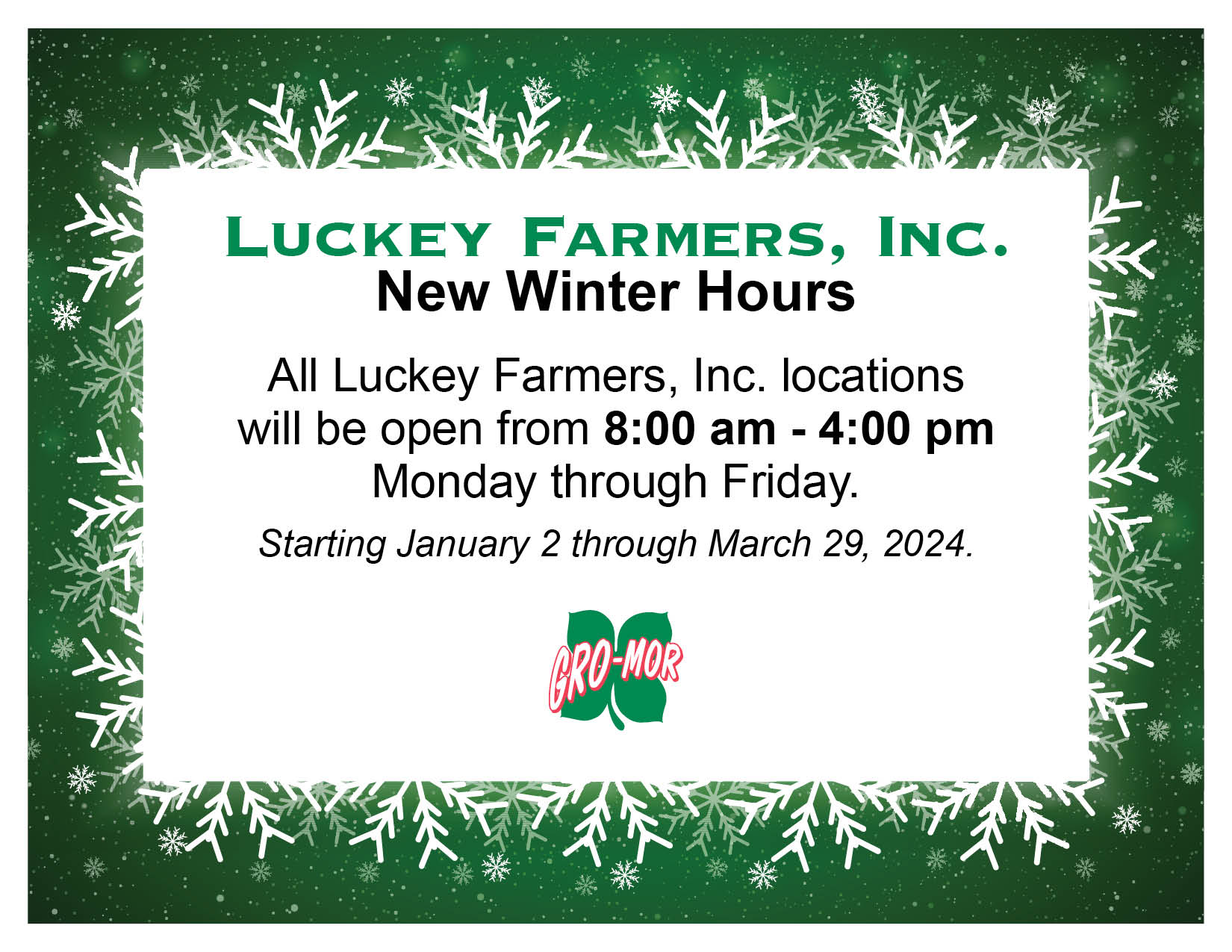 Winter Hours | luckeyfarmers.com